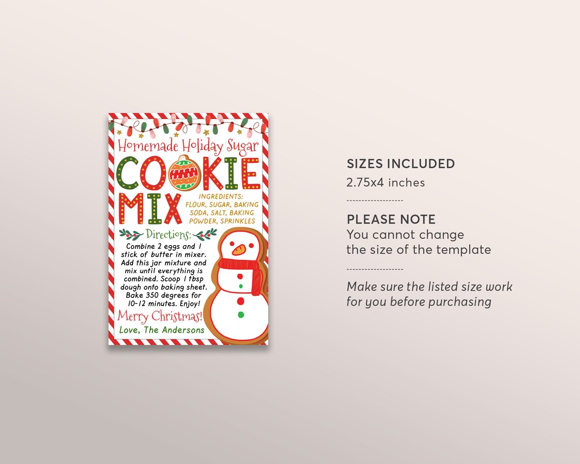Sugar Cookie Recipe Christmas Gift Tag Editable Template, Holiday ...