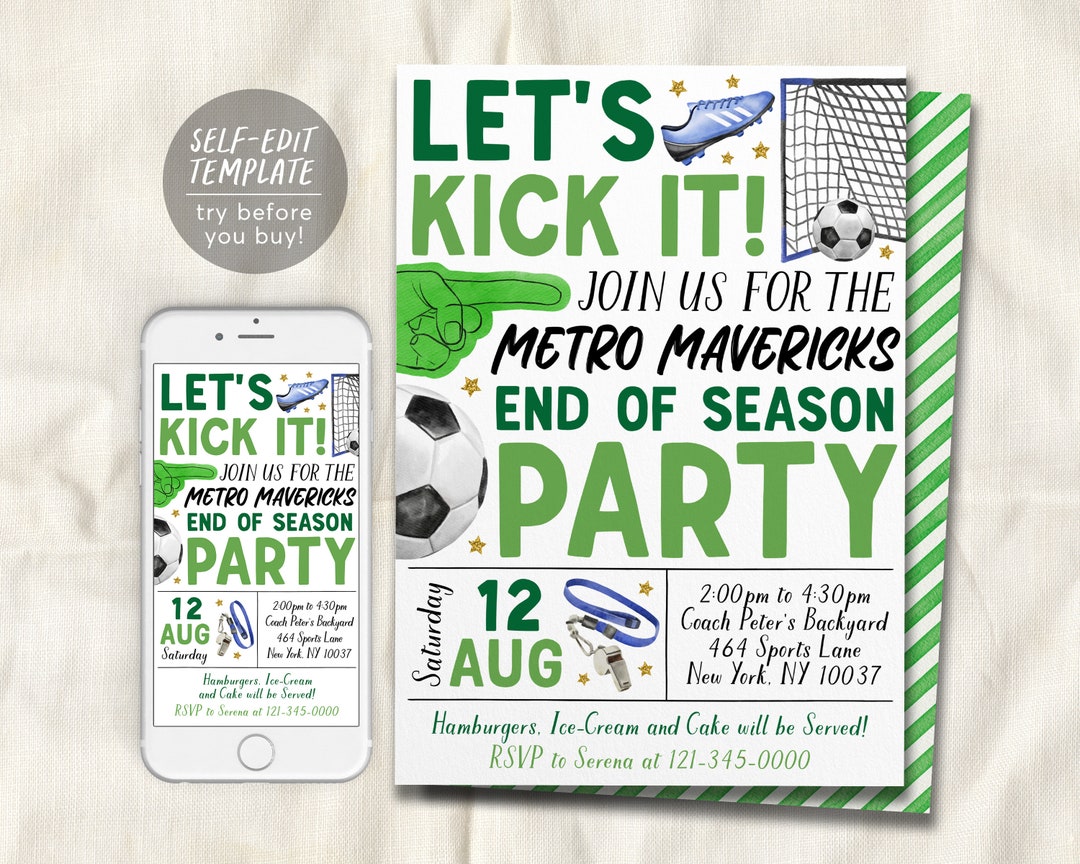 Soccer End of Season Party Invitation Editable Template, Football ...