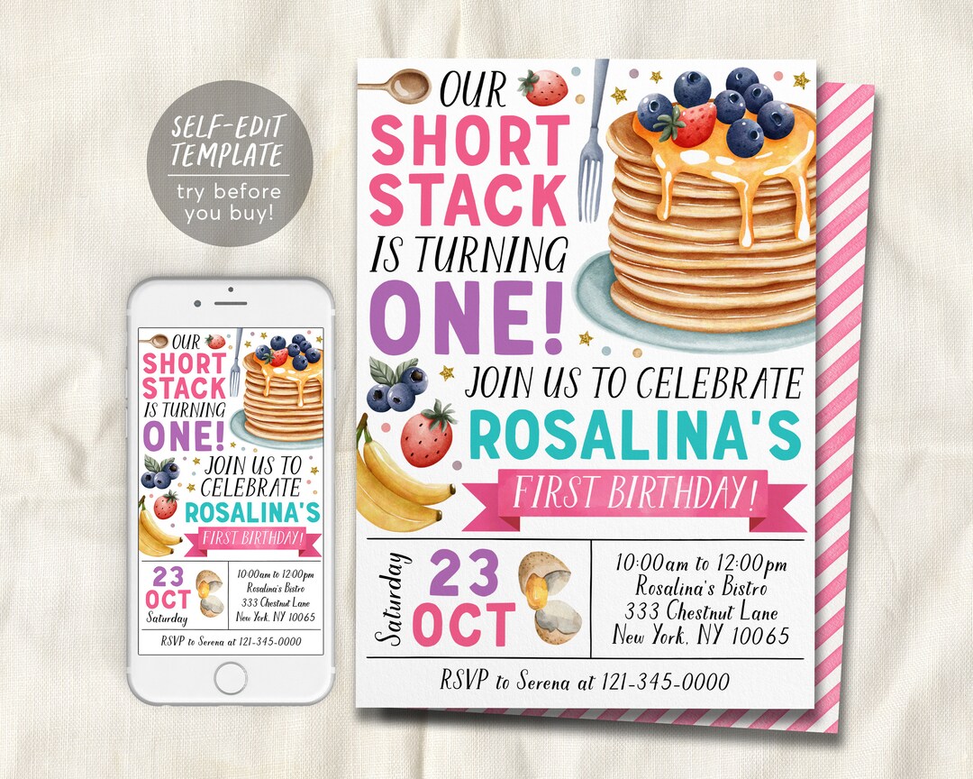 Pancakes Breakfast Birthday Invitation Editable Template, Girl ...