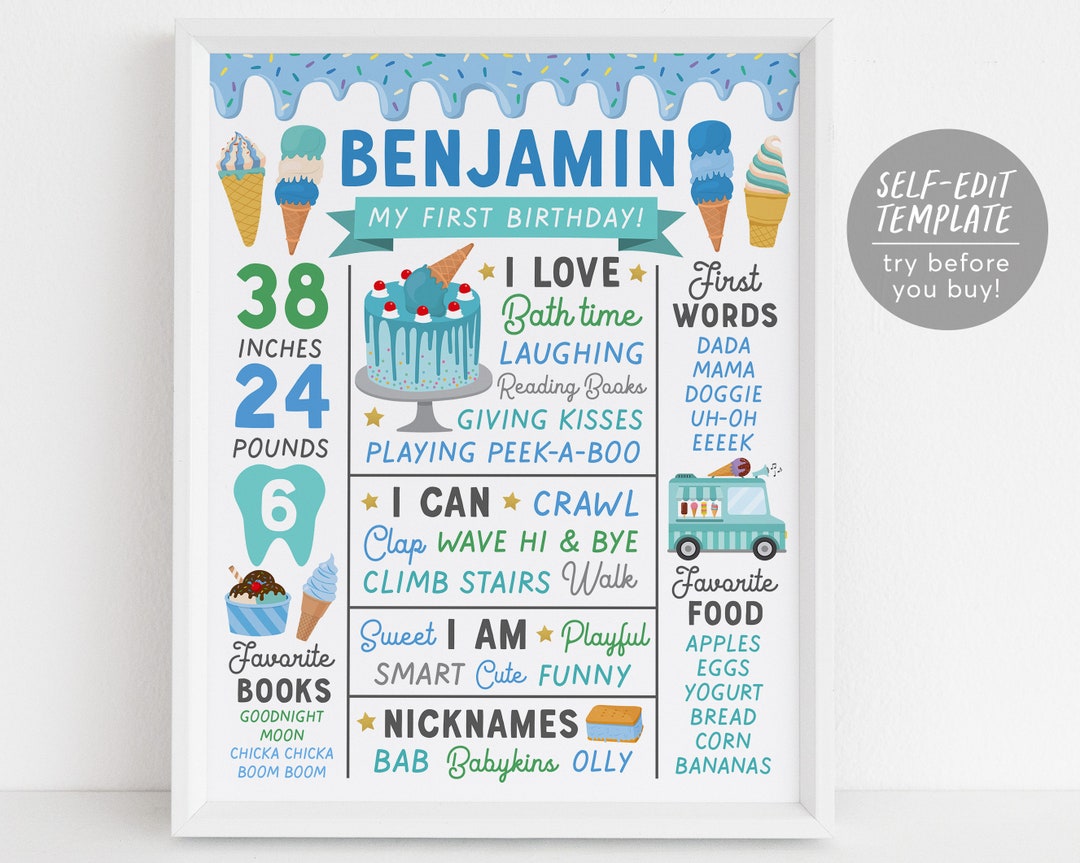 Ice Cream Birthday Milestone First Birthday Sign Editable Template ...