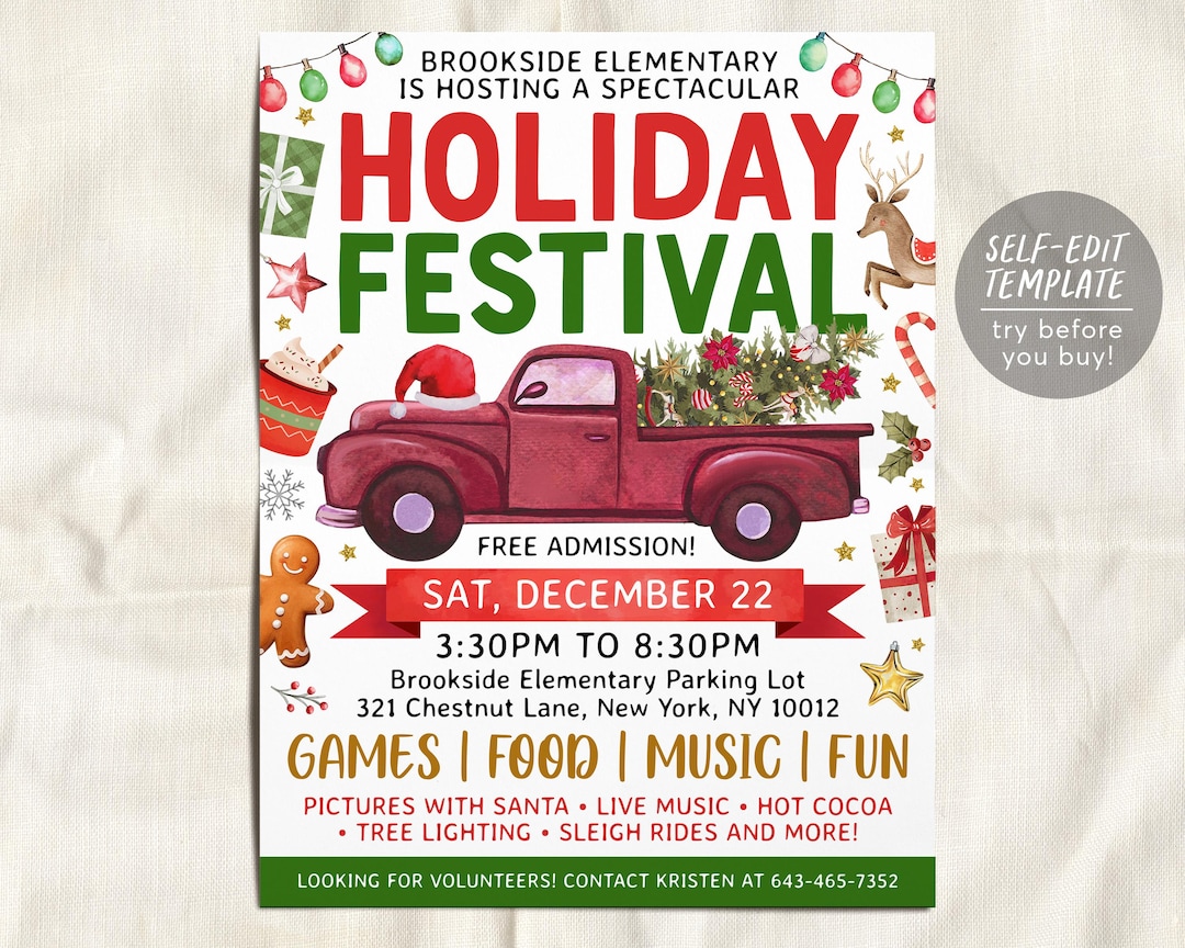 Holiday Festival Flyer Editable Template, Christmas Winter Festival ...