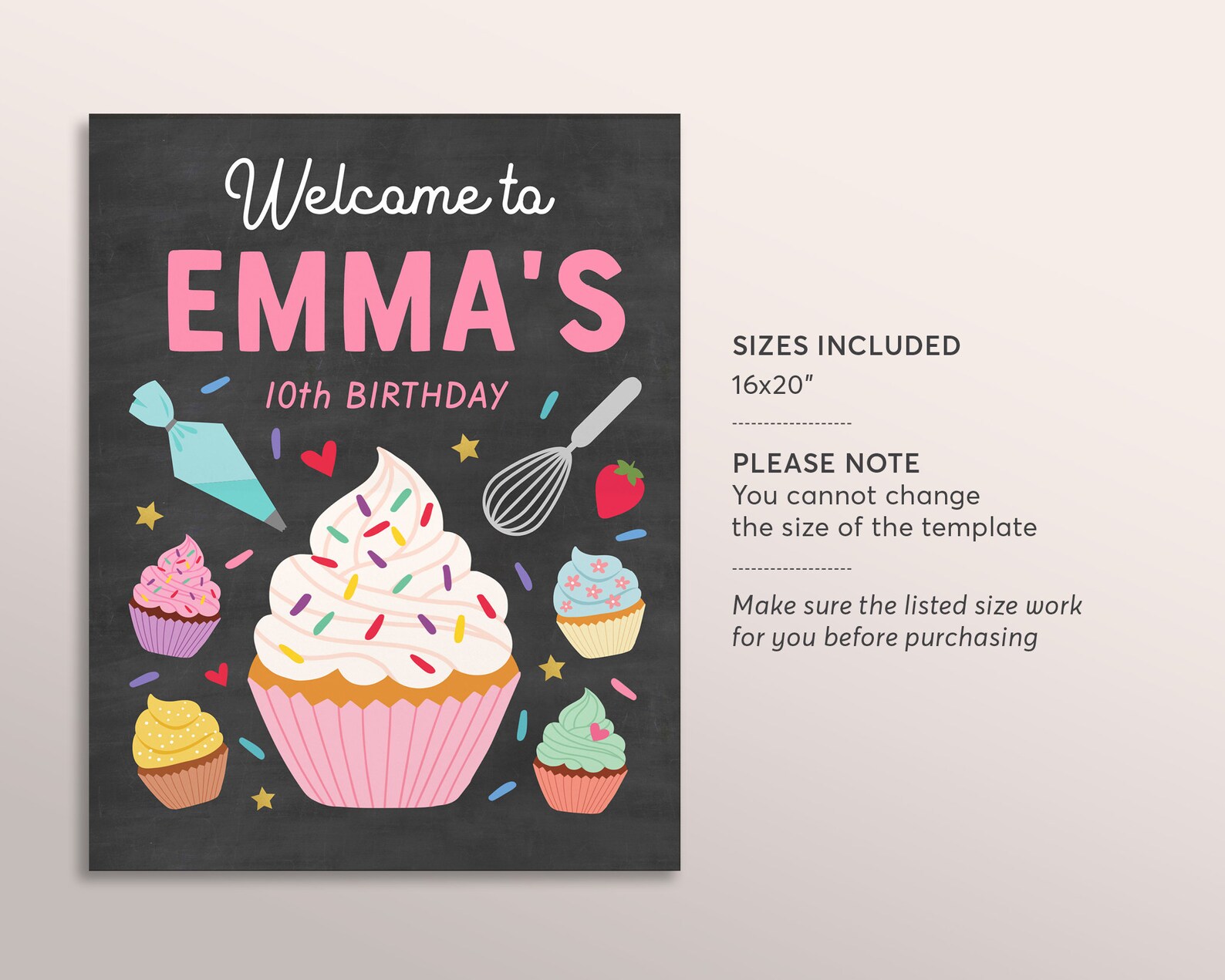 Editable Cupcake Birthday Welcome Sign Template Girl Baking - Etsy