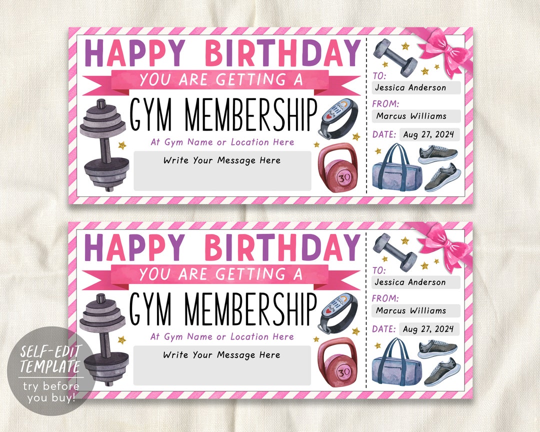 Gym Membership Ticket Editable Template, Birthday Surprise Personal ...