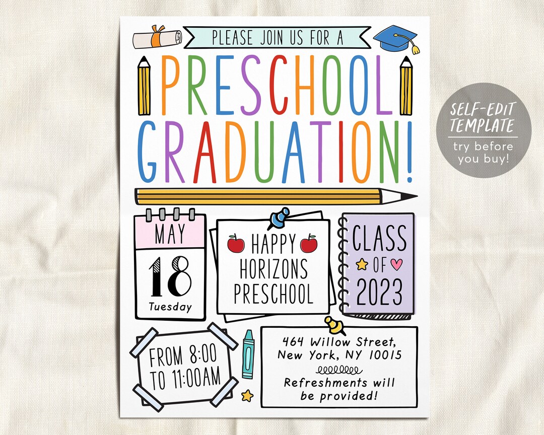 Preschool Graduation Invitation Flyer Editable Template, Pre-k ...