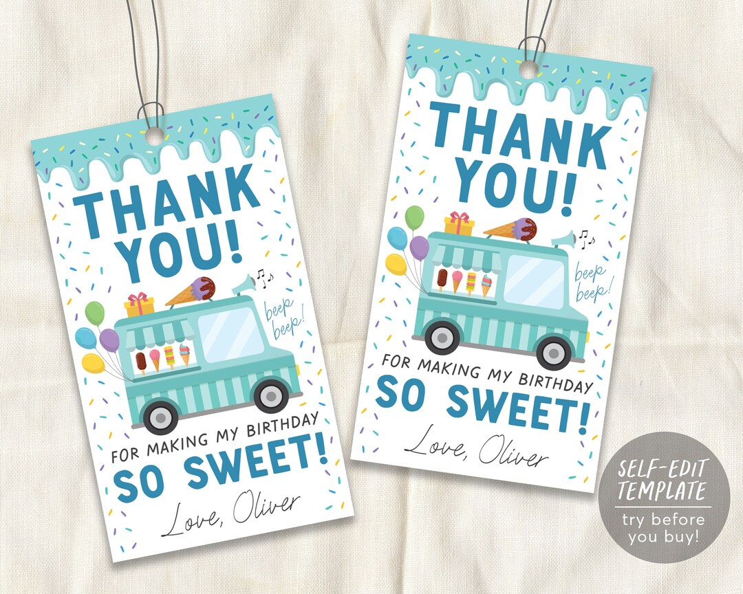 Ice Cream Birthday Party Thank You Gift Tag Editable Template, Ice ...