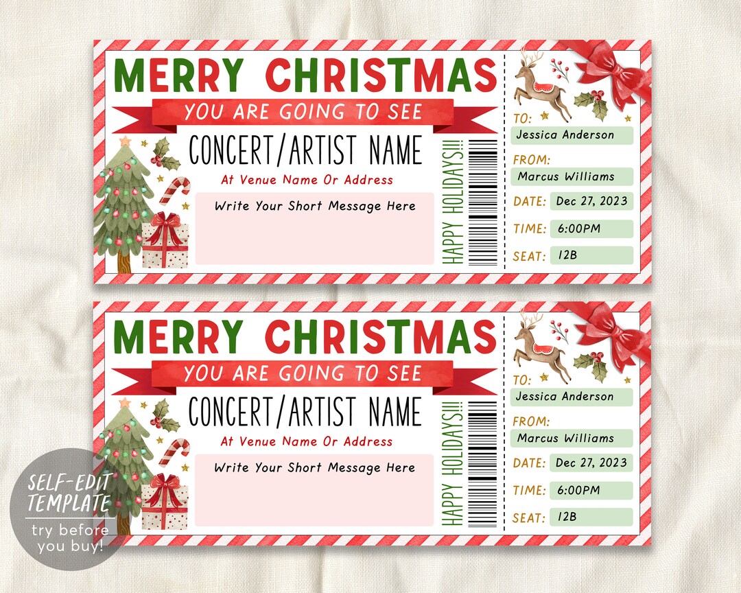 Christmas Concert Ticket Gift Voucher Editable Template, Surprise Gift ...