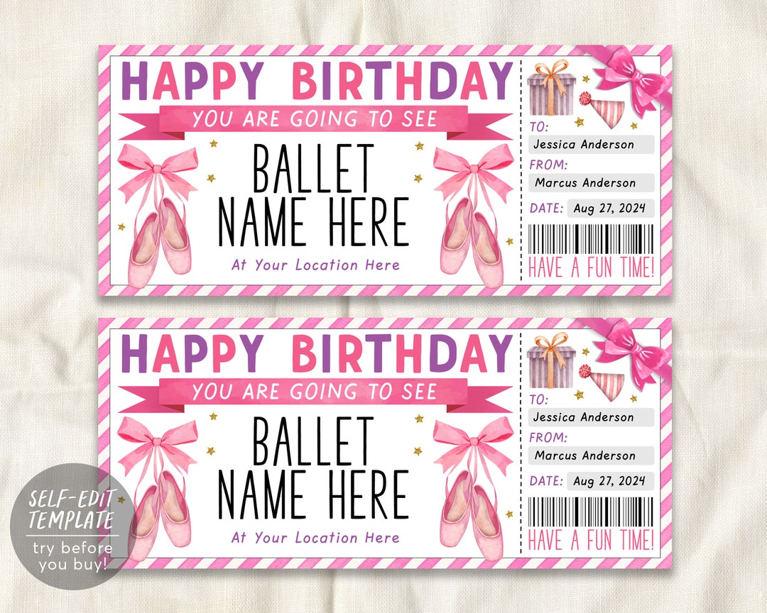 Ballet Gift Ticket Editable Template, Birthday Ballet Performance ...