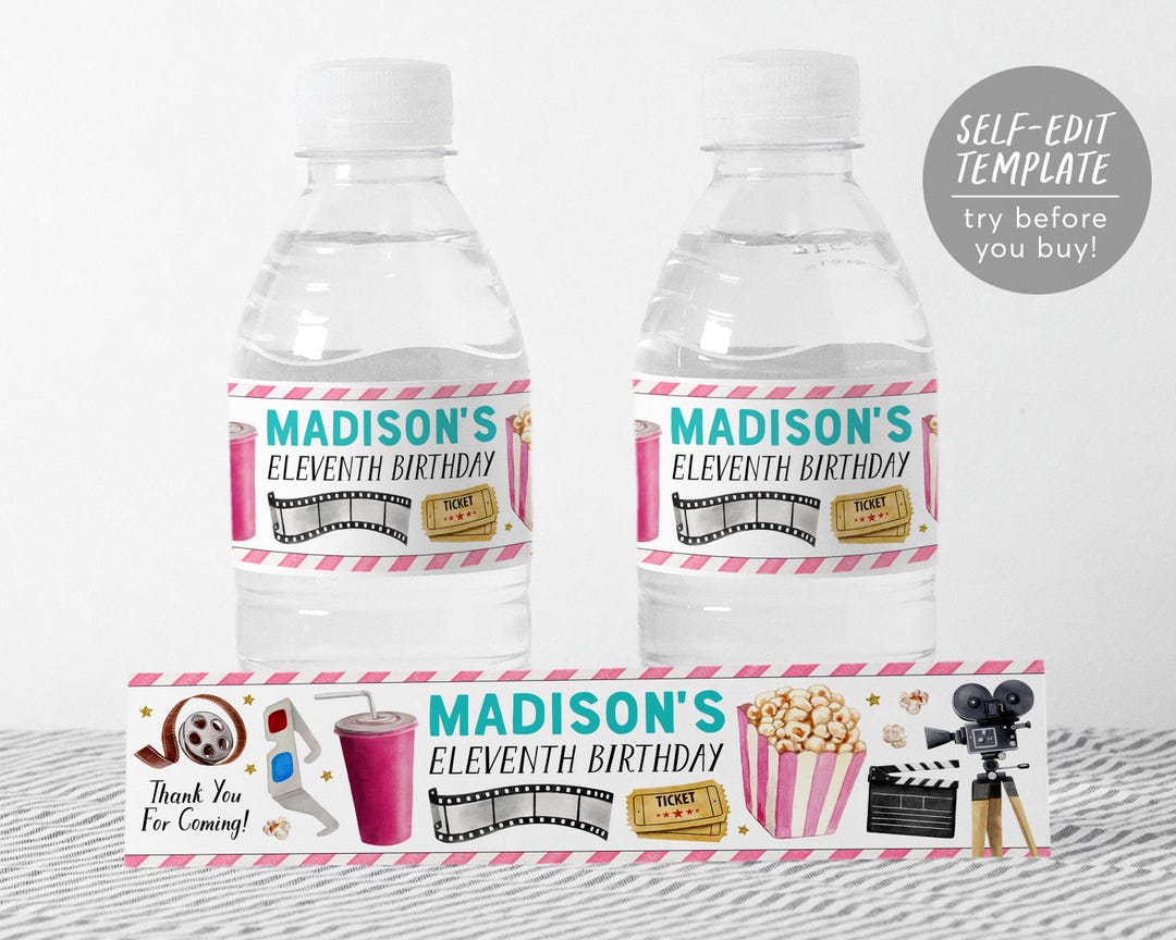 Movie Night Party Water Bottle Labels Editable Template, Girl Backyard ...