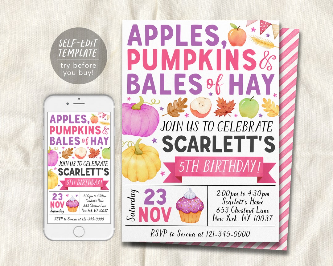 Apple and Pumpkins Birthday Invitation Editable Template, Kids Unisex ...