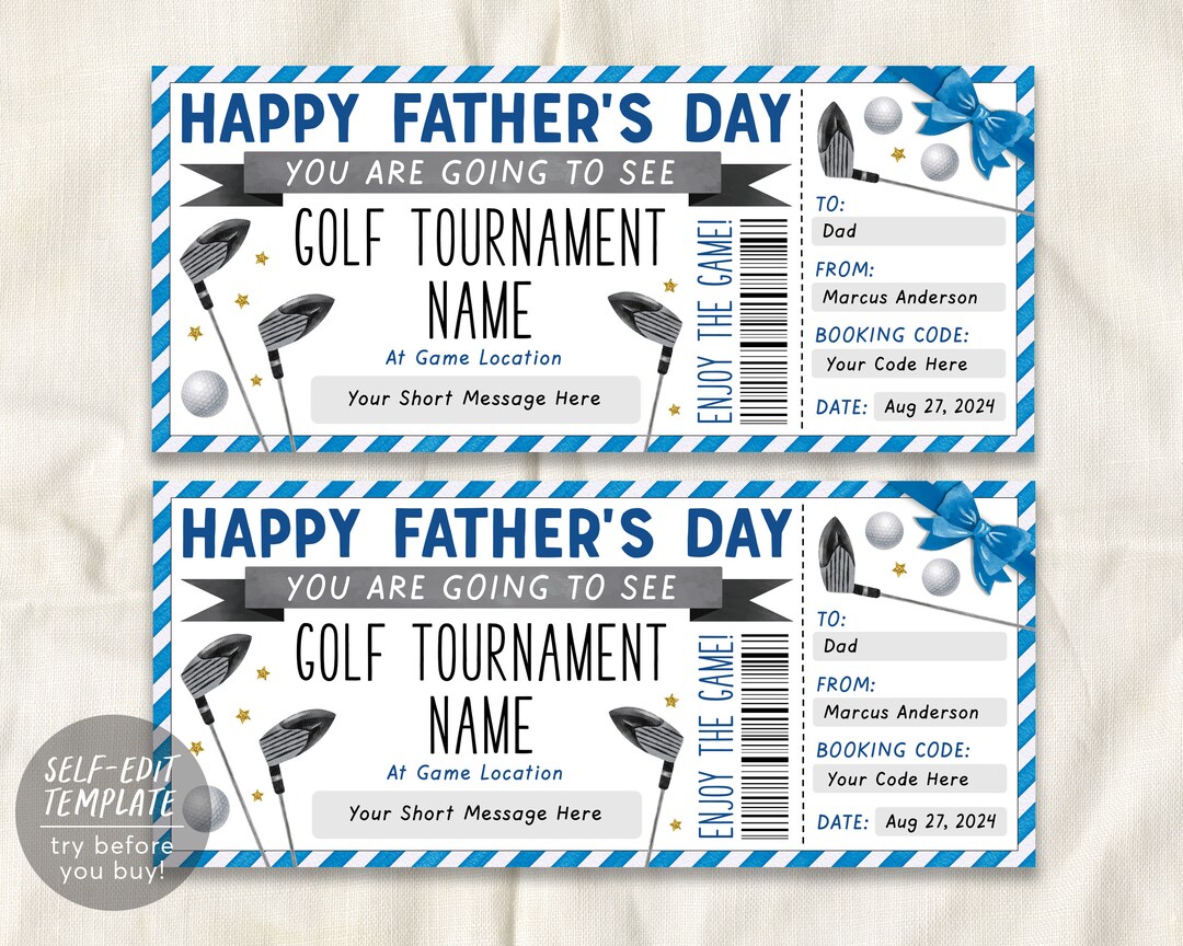 Fathers Day Golf Tournament Gift Ticket Editable Template, Golfing Golf ...