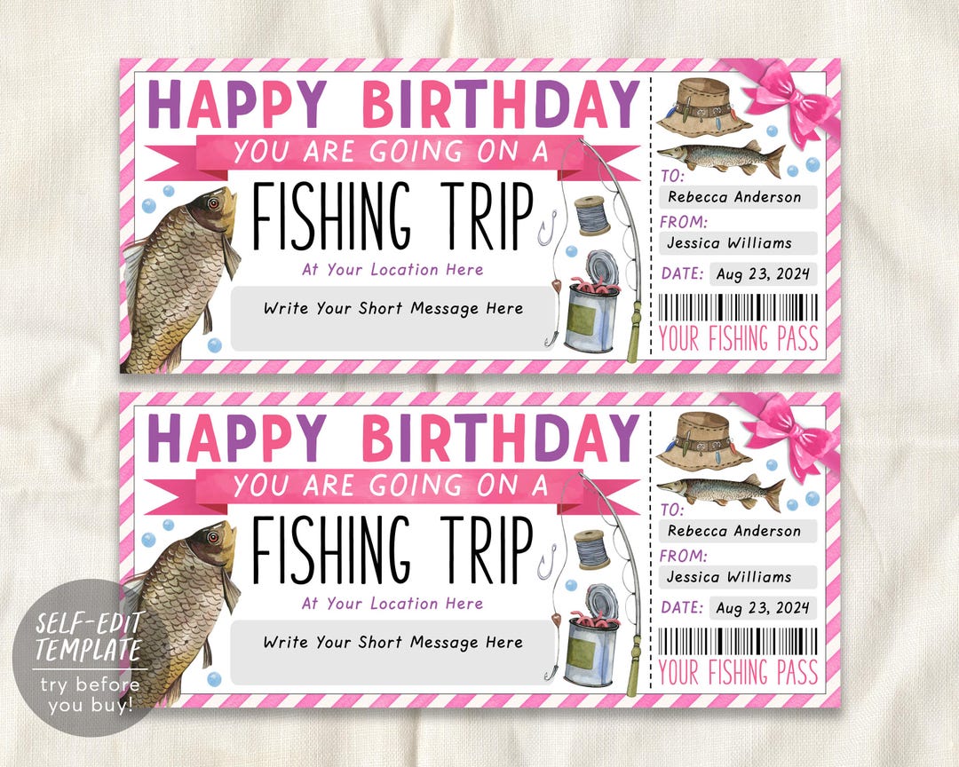 Fishing Trip Ticket Editable Template, Birthday Surprise Fishing Trip ...