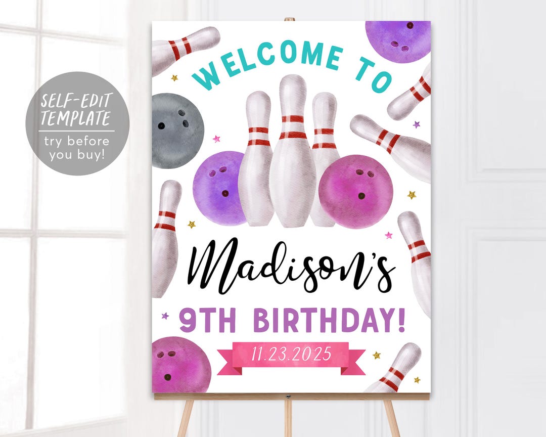 Bowling Birthday Welcome Sign Editable Template, Girl Strike up Some ...