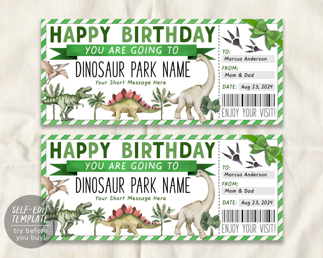 Dinosaur Park Ticket Editable Template, Birthday Surprise Dinosaur ...
