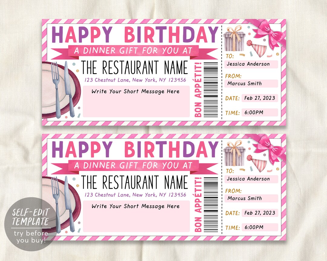 Birthday Restaurant Gift Voucher Editable Template, Surprise Dinner ...