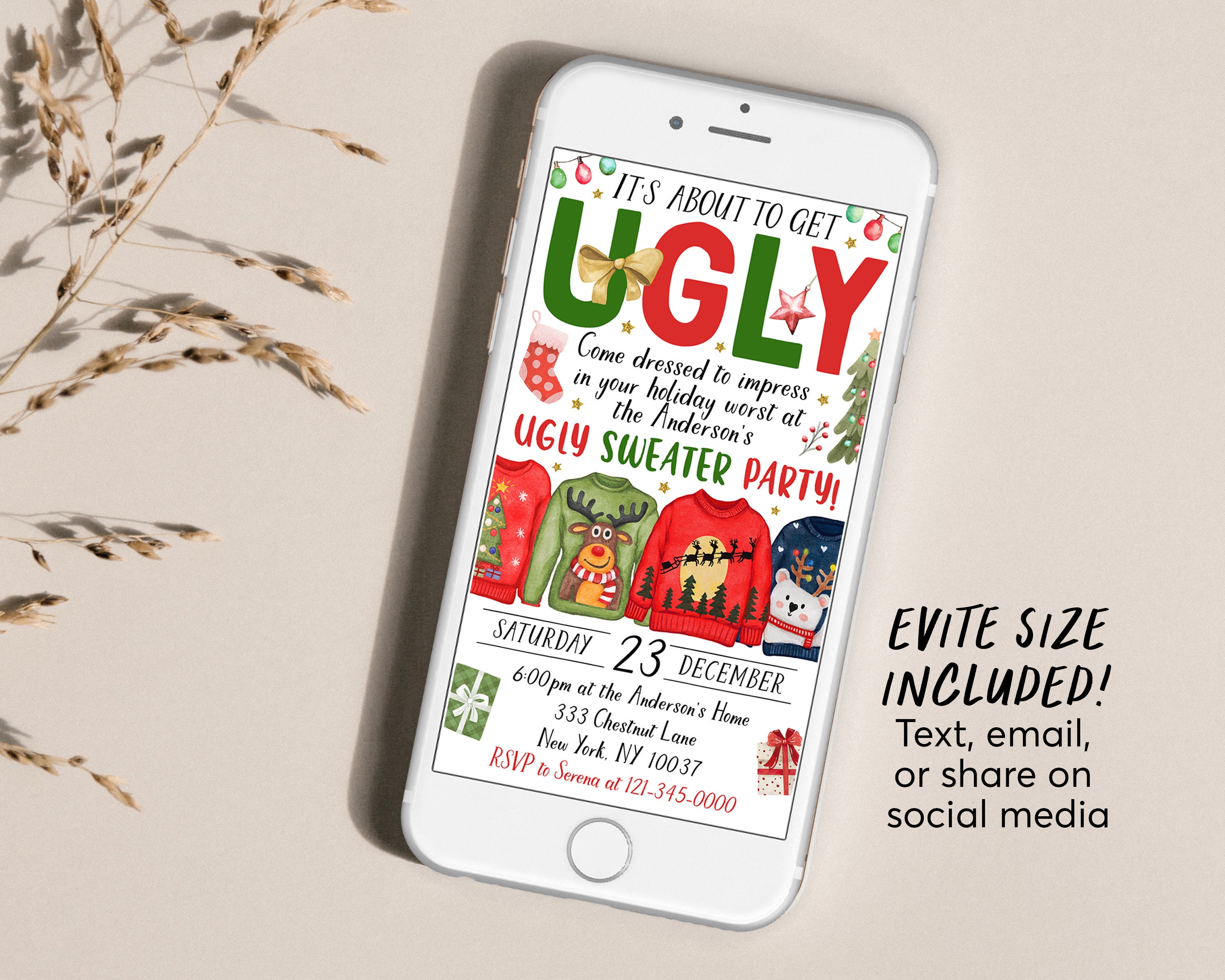 Ugly Sweater Christmas Party Invitation Editable Template, It's About ...