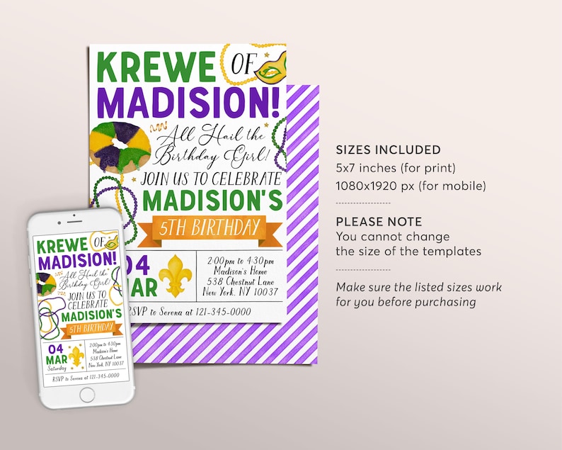 Mardi Gras Birthday Invitation Editable Template, Kids Mardi Gras Fat ...