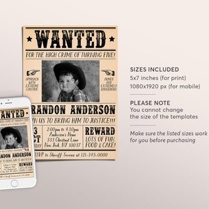 Wanted Poster Invitation With Photo Editable Template, Cowboy Cowgirl ...