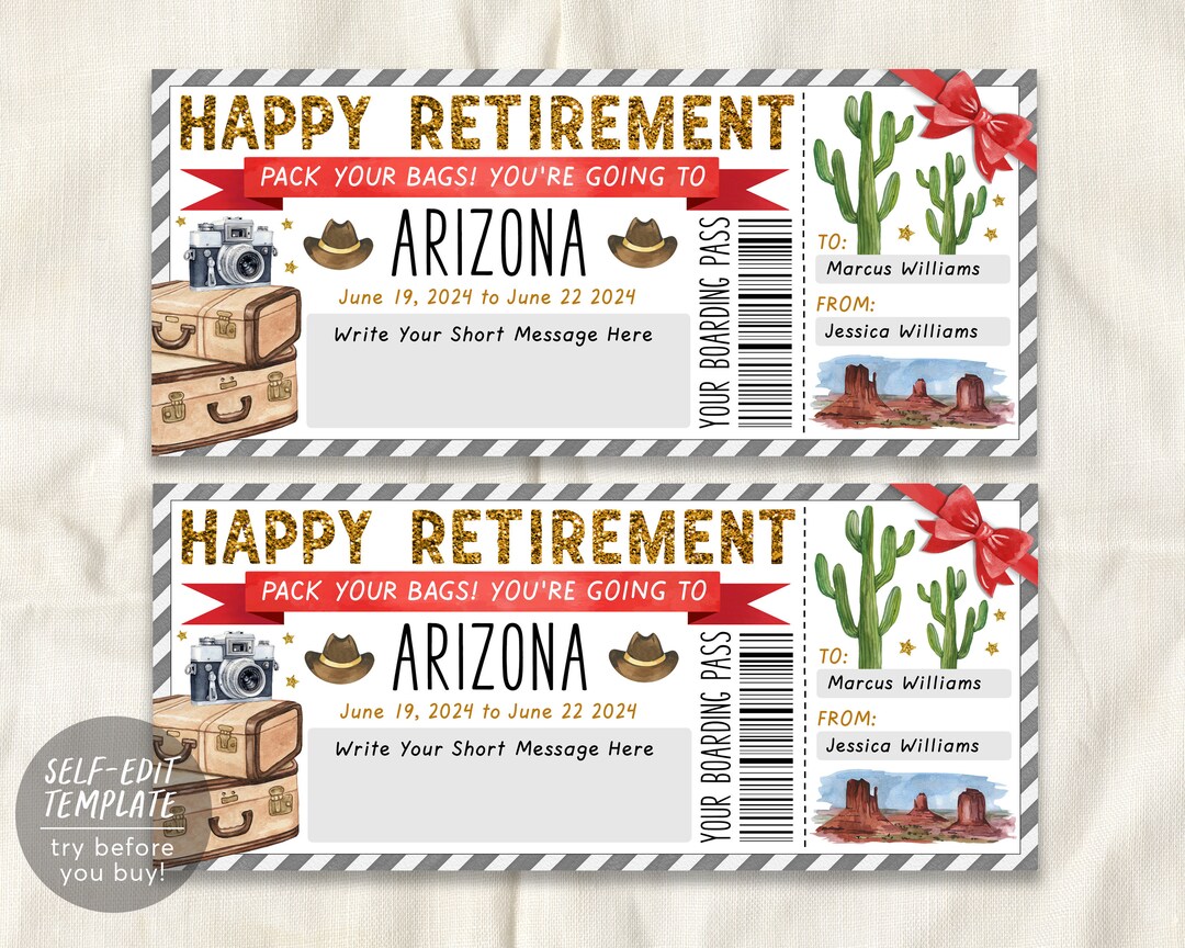 Retirement Arizona Trip Ticket Boarding Pass Editable Template ...