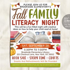 Family Fall Literacy Flyer Editable Template, School Book Sale School ...