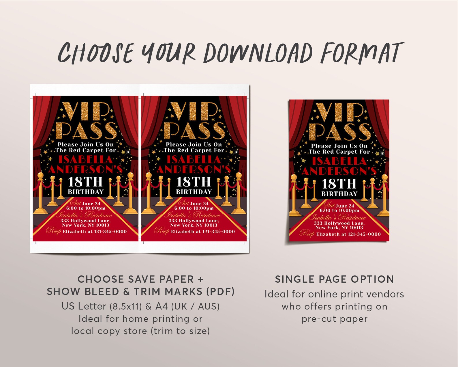 VIP Pass Birthday Invitation Editable Template, Hollywood Red Carpet ...