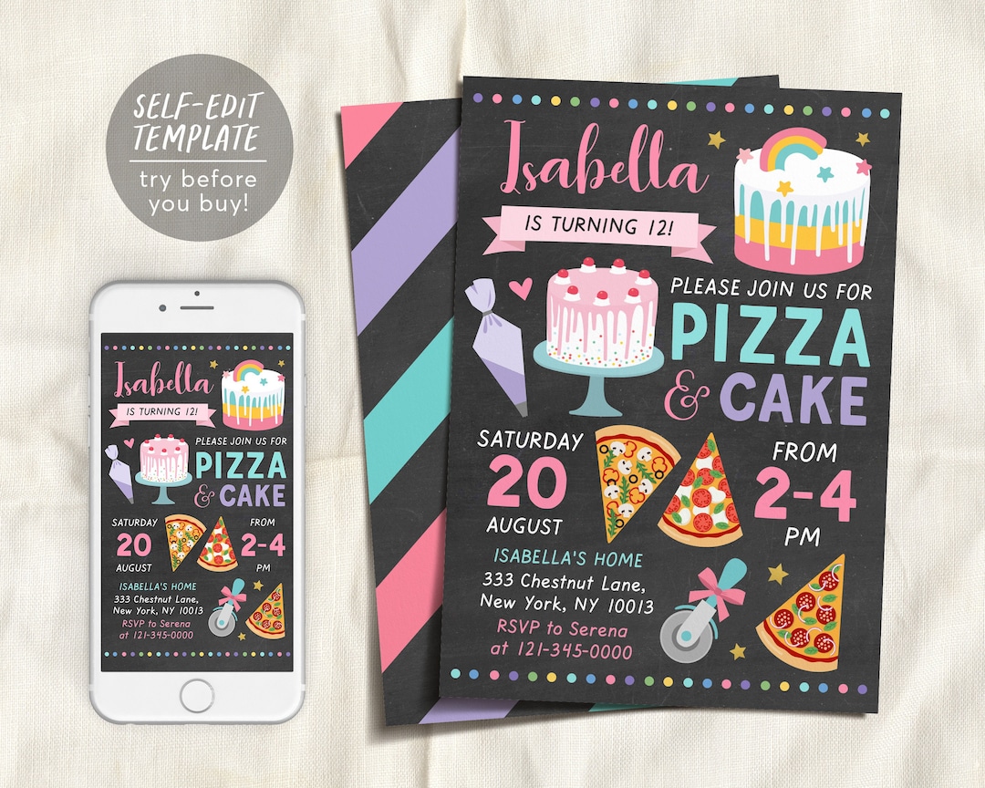 Pizza and Cake Birthday Party Invitation Editable Template, Chef Baking ...