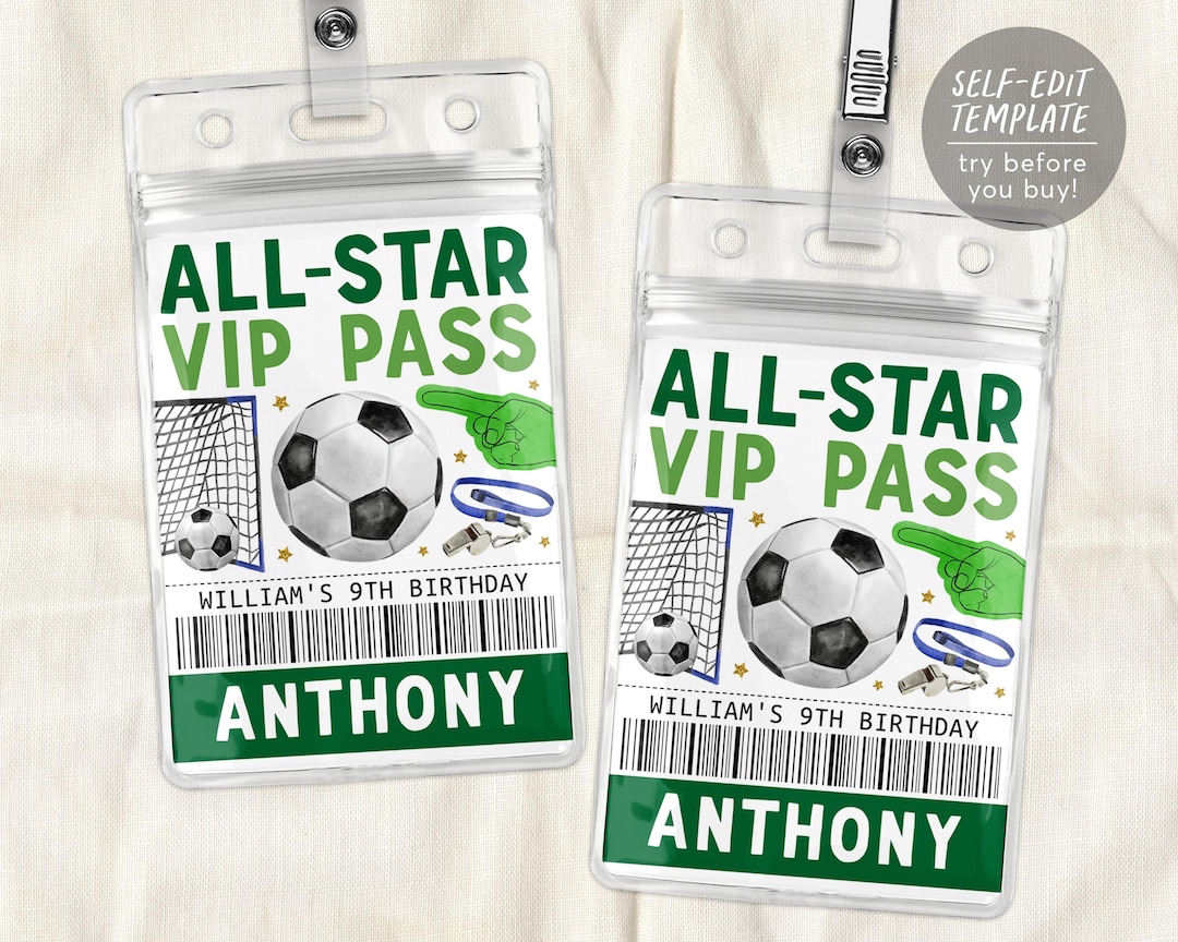 Soccer Birthday All Star VIP Pass Editable Template, Football Sports ...