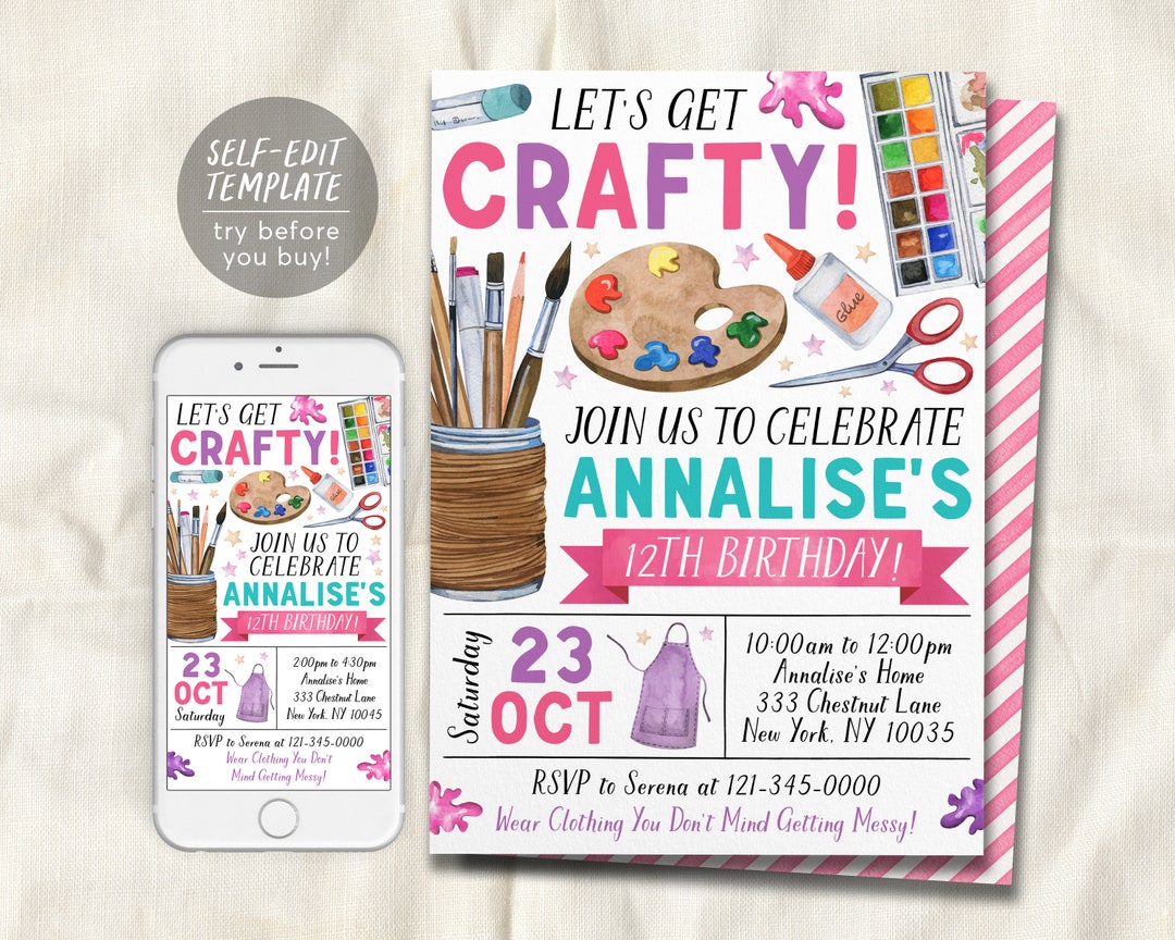 Craft Birthday Party Invitation Editable Template, Art and Crafts Lets ...