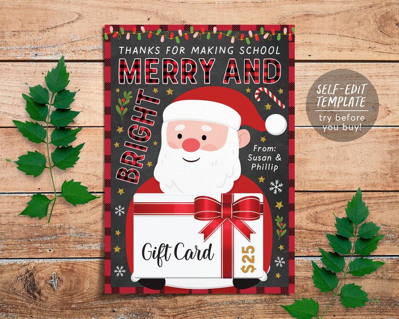 Christmas Teacher Printable Gift Card Holder Editable - Etsy