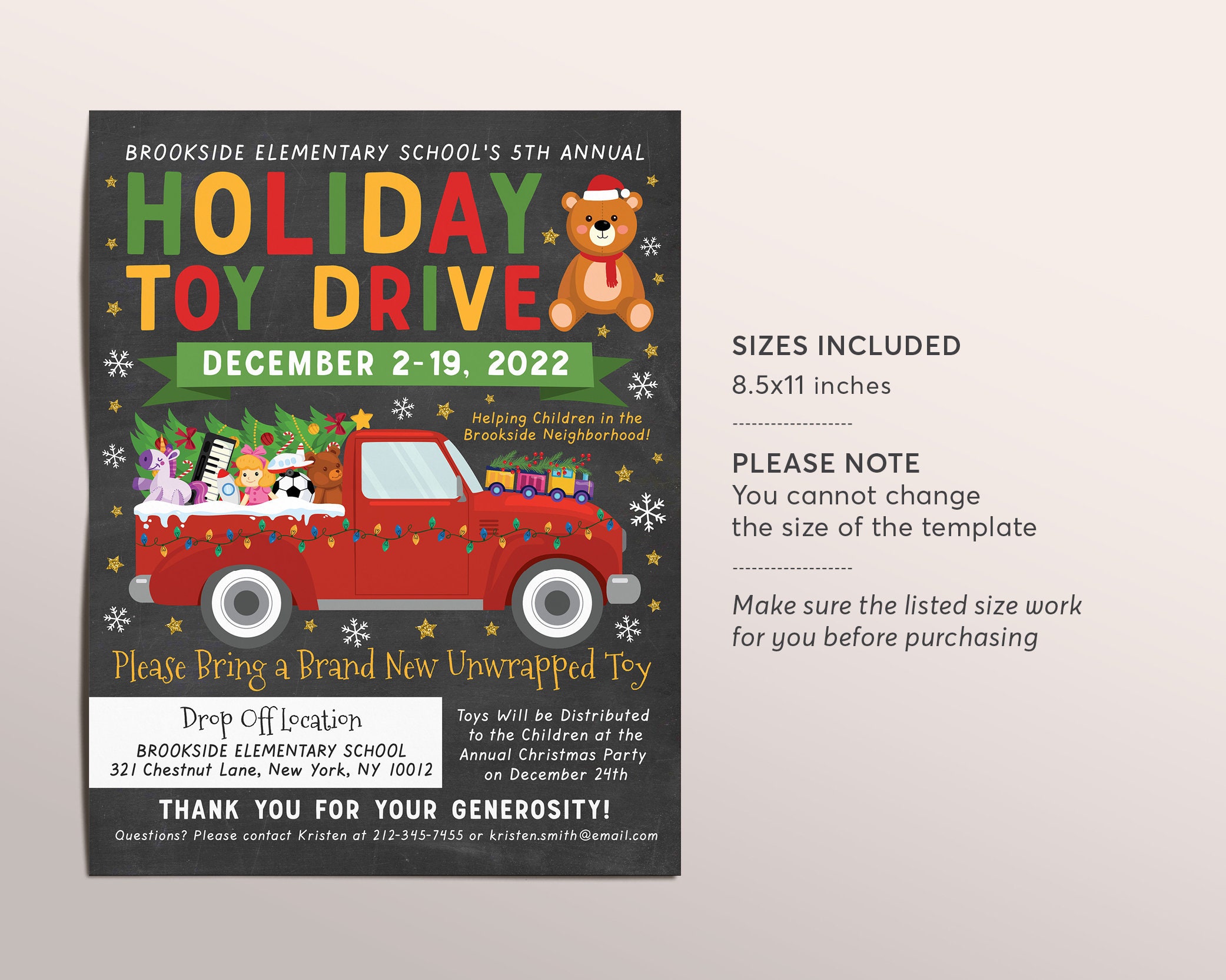 Holiday Toy Drive Flyer Editable Template, PTO PTA School Xmas ...