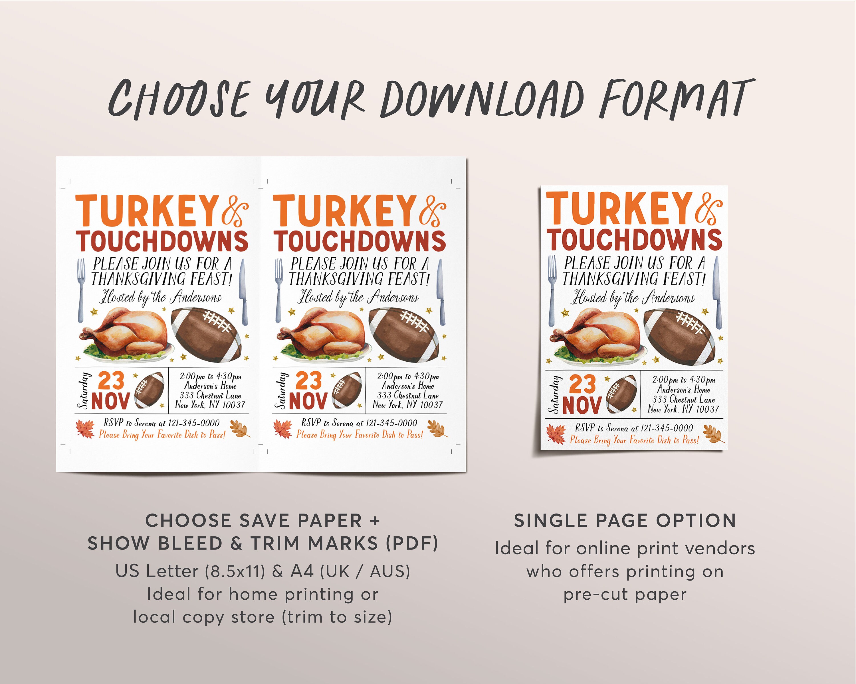 Turkey and Touchdowns Invitation Editable Template, Friendsgiving ...