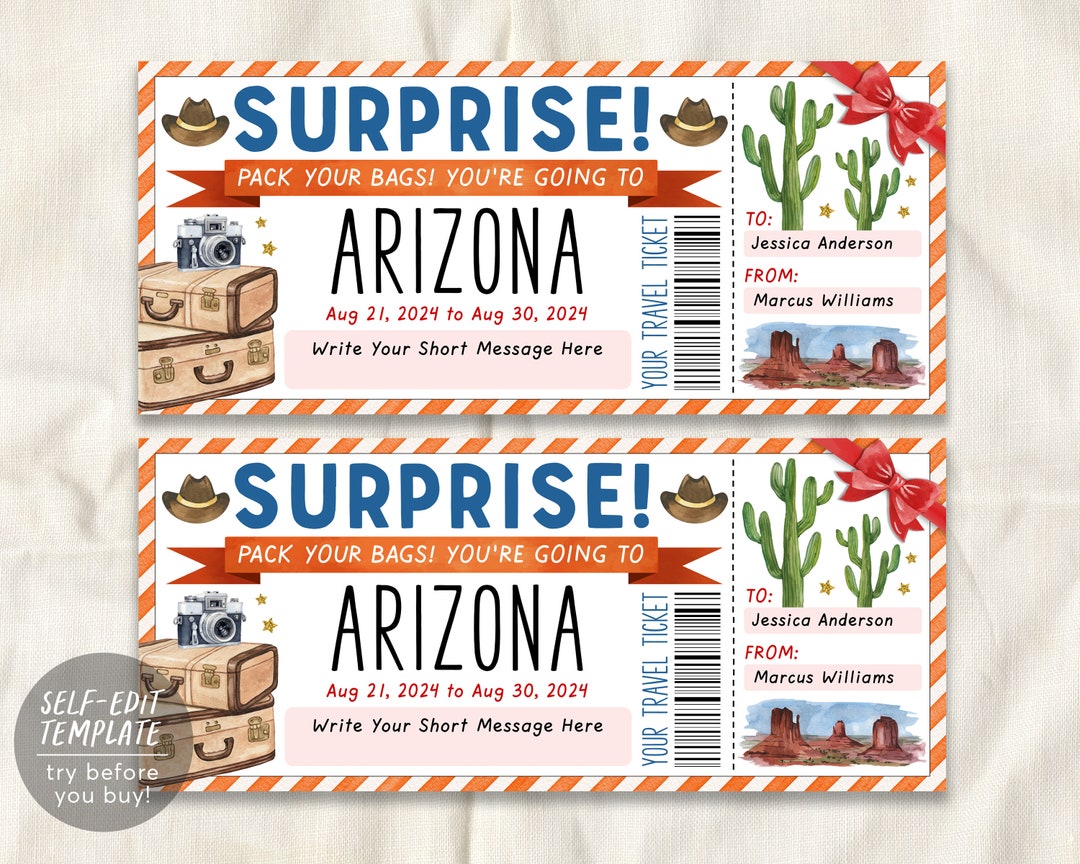 Arizona Trip Ticket Boarding Pass Editable Template, Surprise Travel ...