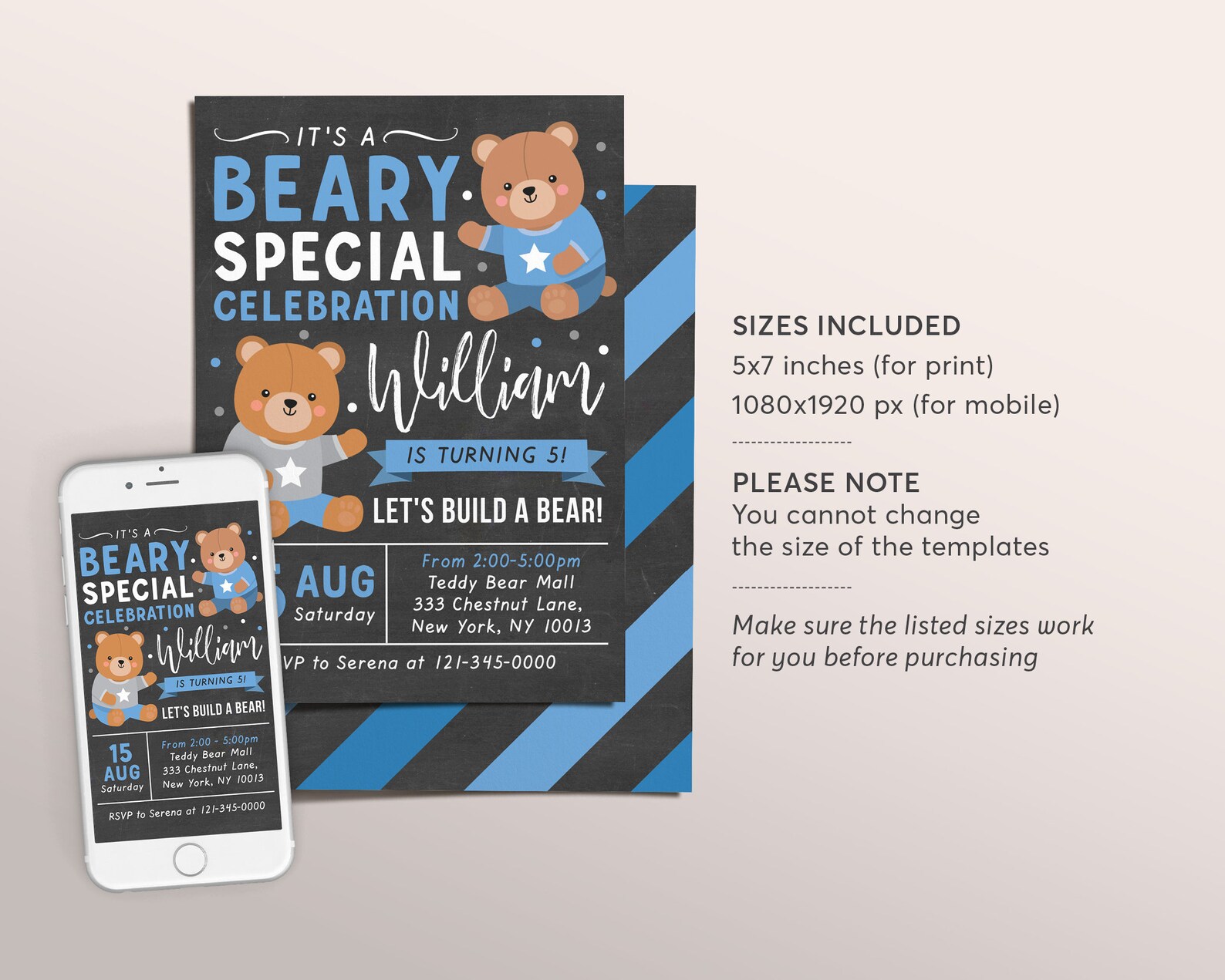 Teddy Bear BOY Birthday Invitation Editable Template Build A - Etsy