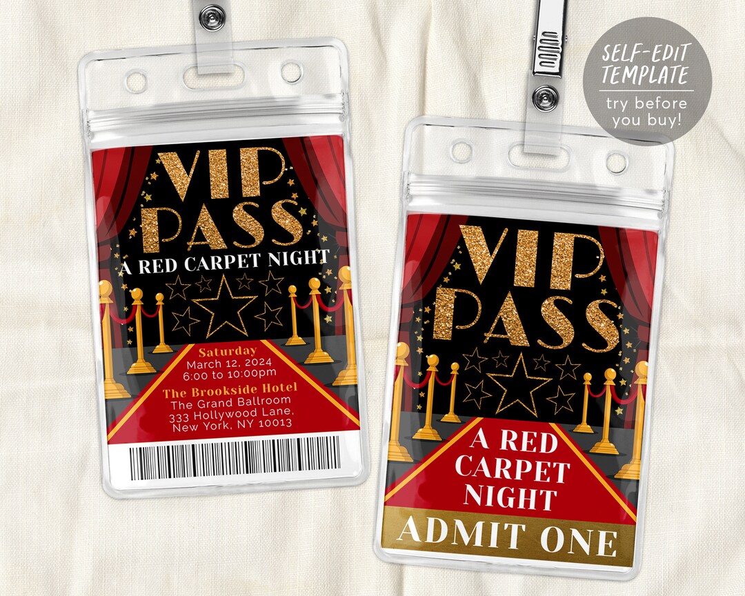 VIP Pass for Prom School Dance Editable Template, Red Carpet Invitation ...