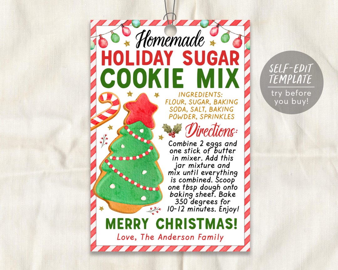 Cookie Mix in a Jar Gift Tag Editable Template, Christmas Sugar Cookie ...