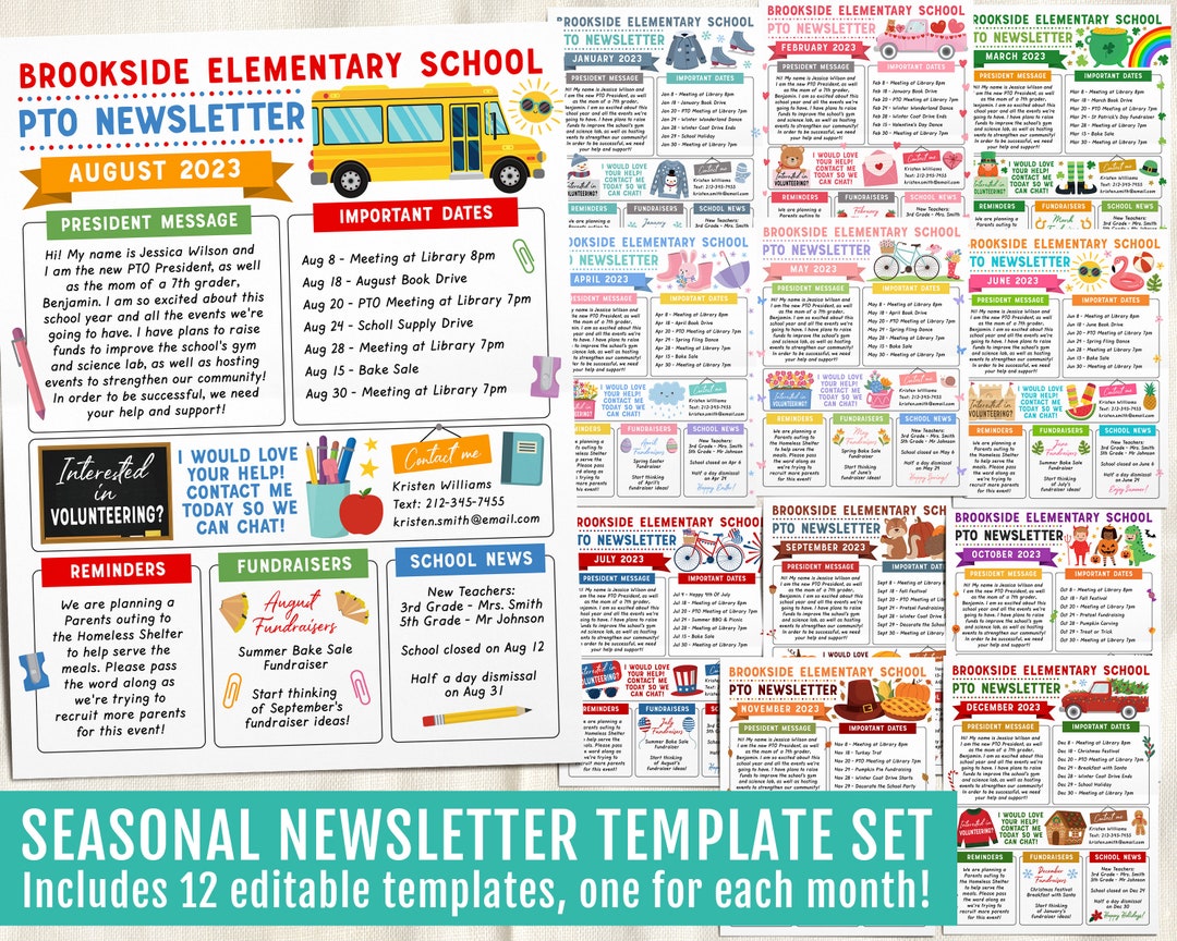 Yearly PTO PTA Newsletter Editable Template BUNDLE Set, Classroom ...