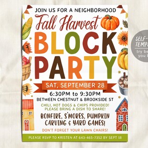 Fall Harvest Block Party Flyer Editable Template, Autumn Neighborhood ...