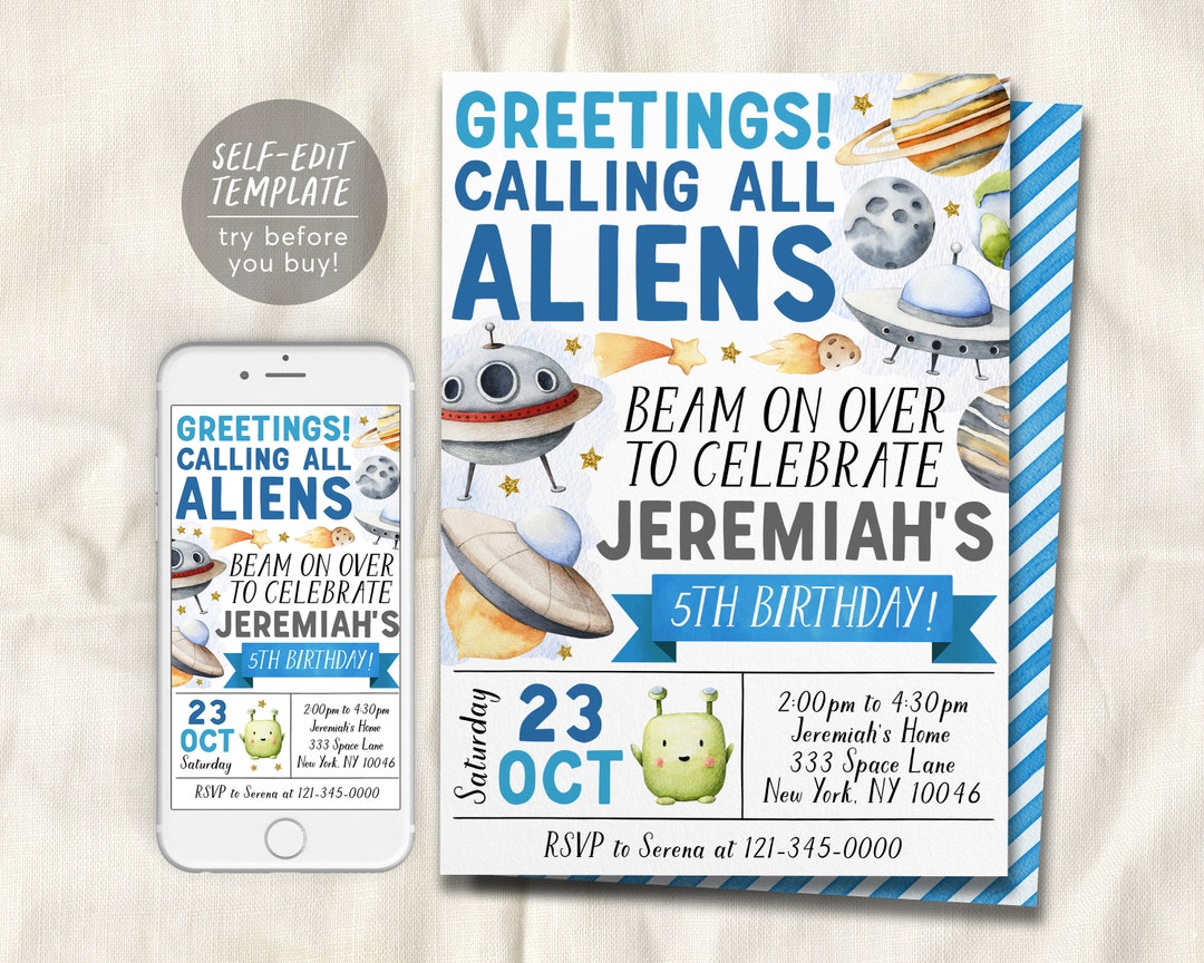 UFO Alien Birthday Invitation Editable Template, Beam on Over Outer ...