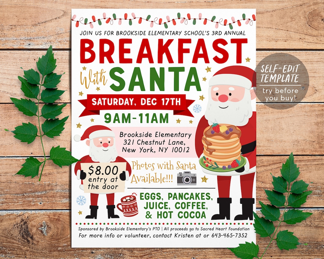 Breakfast With Santa Flyer Editable Template, Pancakes With Santa ...