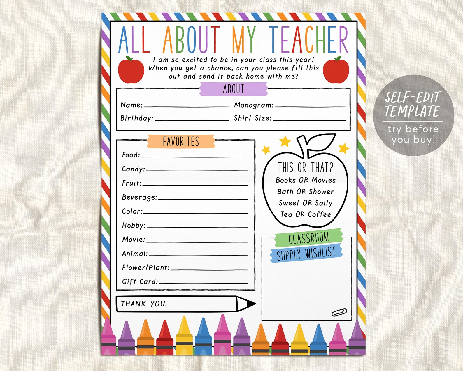 Favorites Teacher Survey Editable Template, Getting to Know My Teacher ...
