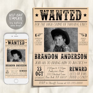 Wanted Poster Invitation With Photo Editable Template, Cowboy Cowgirl ...
