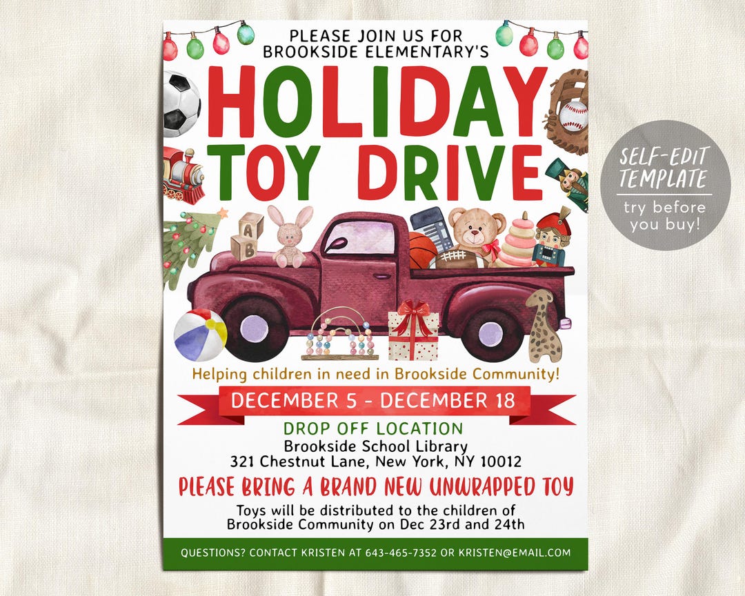 Holiday Toy Drive Flyer Editable Template, Christmas Toy Donation ...