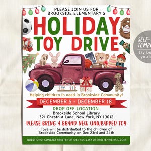 Holiday Toy Drive Flyer Editable Template, Christmas Toy Donation ...