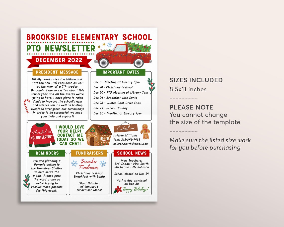 December PTO PTA Newsletter Flyer Editable Template, Holiday Meeting ...