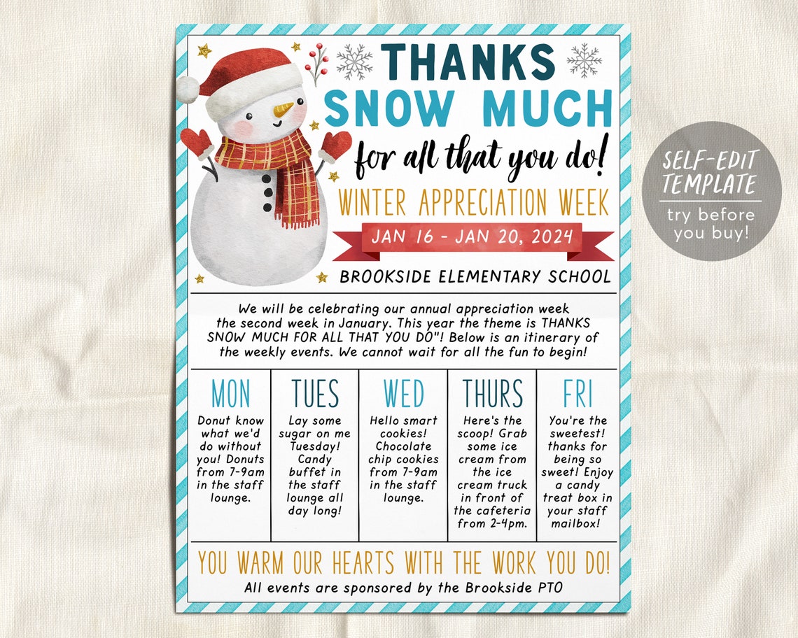 Winter Theme Teacher Staff Appreciation Week Itinerary Flyer Editable ...
