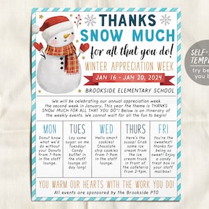 Winter Theme Teacher Staff Appreciation Week Itinerary Flyer Editable ...