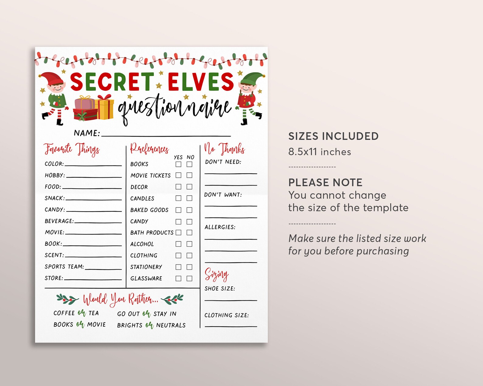Secret Elves Questionnaire Editable Template Secret Elf Santa - Etsy