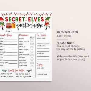 Secret Elves Questionnaire Editable Template, Secret Elf Santa Holiday ...