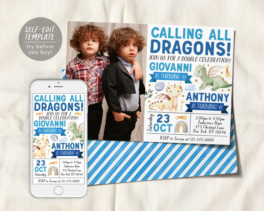 Dragon Joint Siblings Birthday Invitation With Photo Editable Template ...