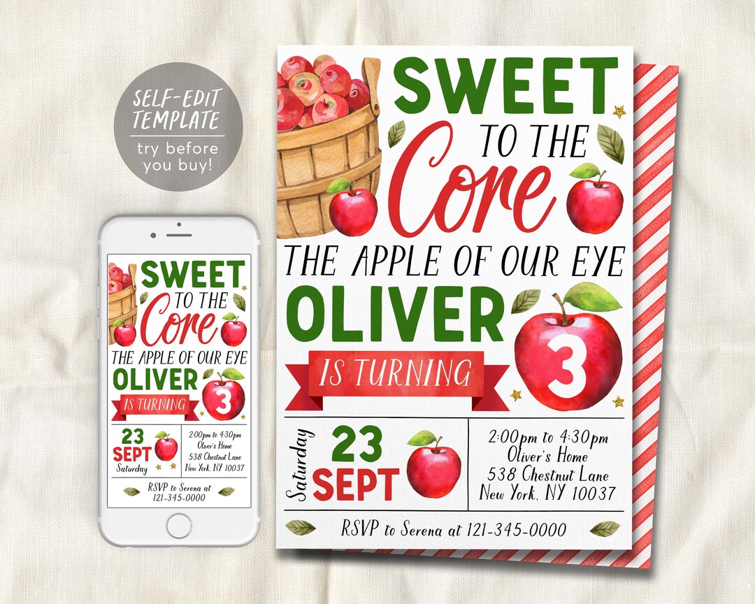 Apple Birthday Invitation Editable Template, Sweet to the Core Party ...
