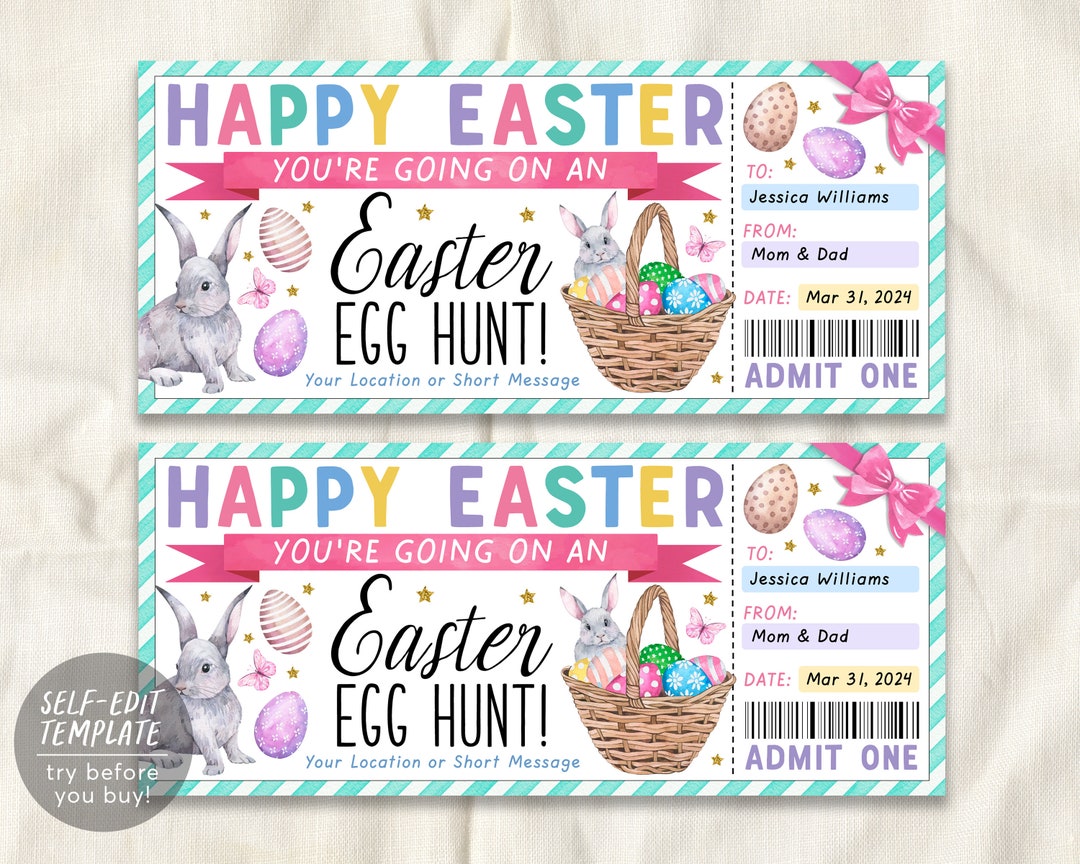 Easter Egg Hunt Ticket Editable Template, Surprise Easter Egg Hunt Gift ...
